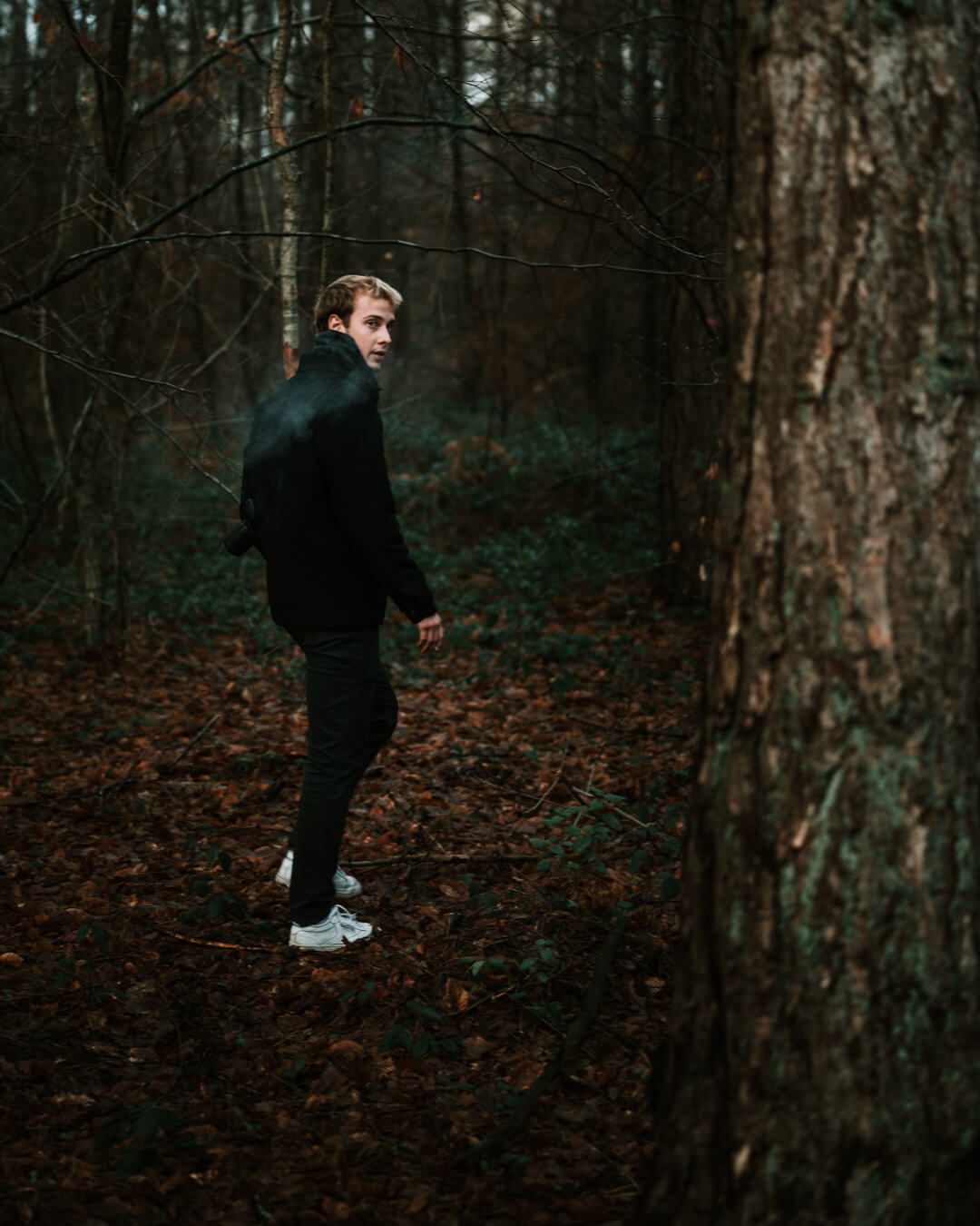 Man Walking Through Dark Forest Looking Back